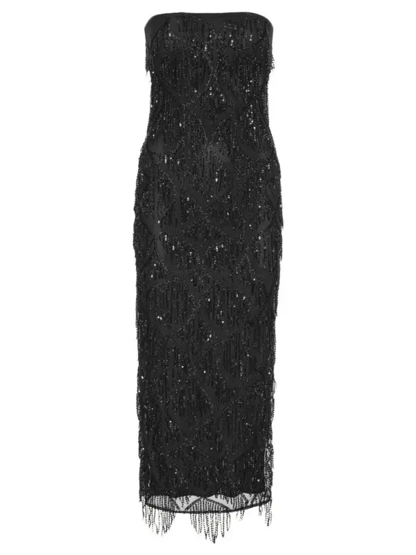 ROTATE BY BIRGER CHRISTENSEN Sequin Beaded Fringe Midi Tube Dress - Nero