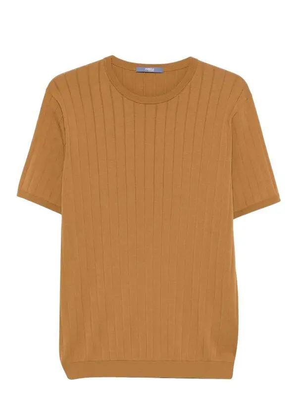 PEOPLE OF SHIBUYA Ribbed Cotton Crew Neck Pullover - Camel