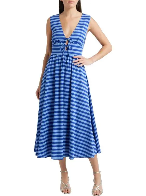 FRNCH Striped Cotton Midi Dress - Bleu Electrique