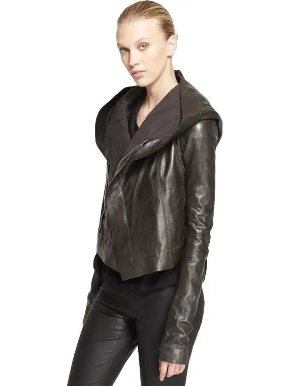 Rick Owens Lambskin Leather Hooded Biker Jacket - Dark Dust