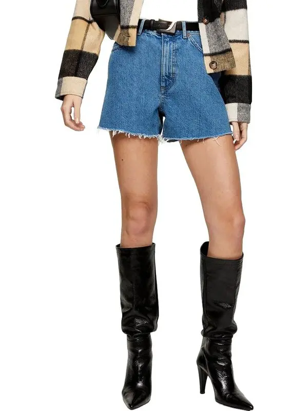 Topshop A-line Ripped Denim Shorts - Mid Denim