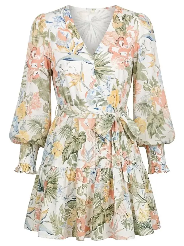 Yumi Kim Chiara Dress With Tropical Print And Balloon Sleeves - White