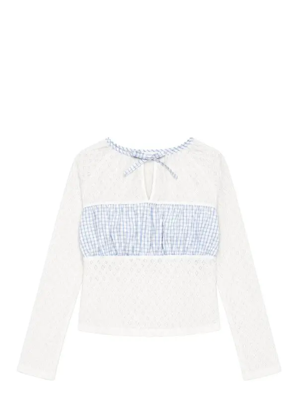 Carmen Says Tie-neck Gingham Ruched Jersey Top - White