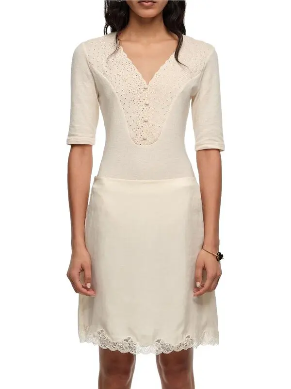 Bimba Y Lola Embroidered V-neck Bodysuit With 3/4 Sleeves - Ivory