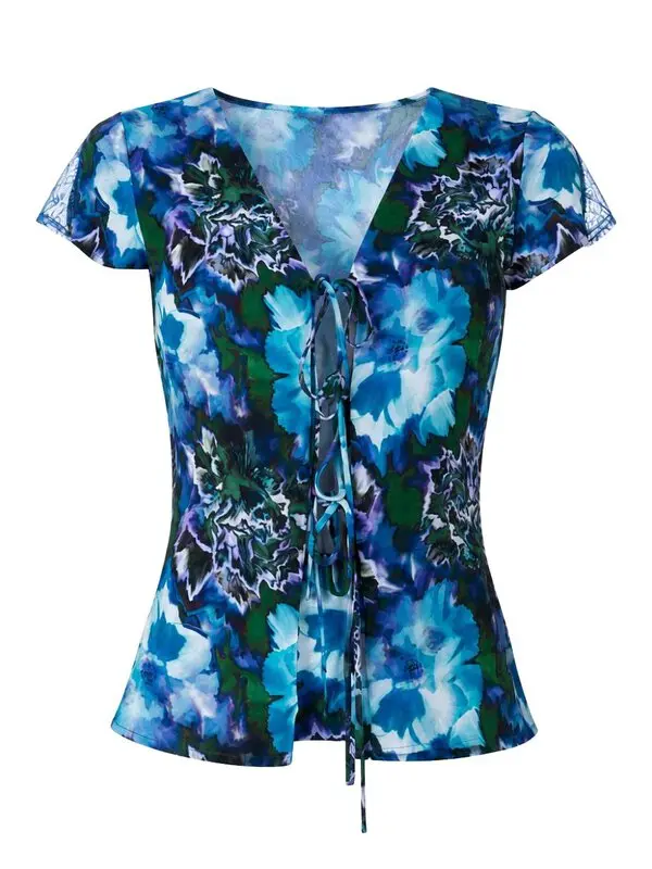 Carmen Says Lotus Flower Print Lace Trimmed Blouse - Blue