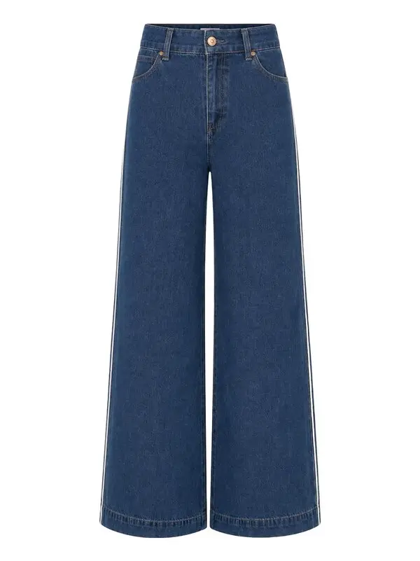 Carmen Says Wide Leg Denim Pants With Contrast Piping - Blue
