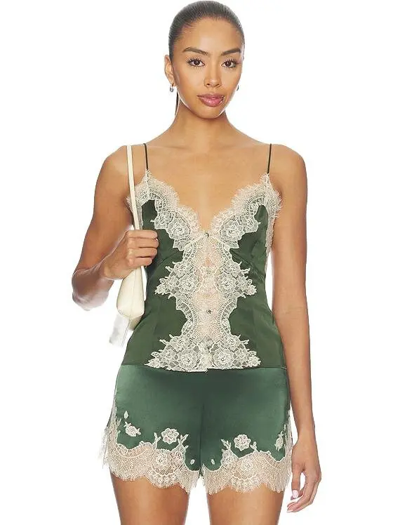Alice + Olivia Julietta Cutaway Lace Slip Top - Dark Fern