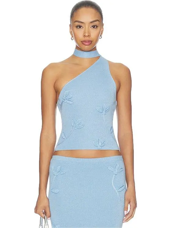 Majorelle One Shoulder Flower Embroidered Top - Metallic Blue