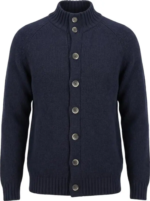Altea Long-sleeve Button-front Cardigan With Ribbed Details - Navy