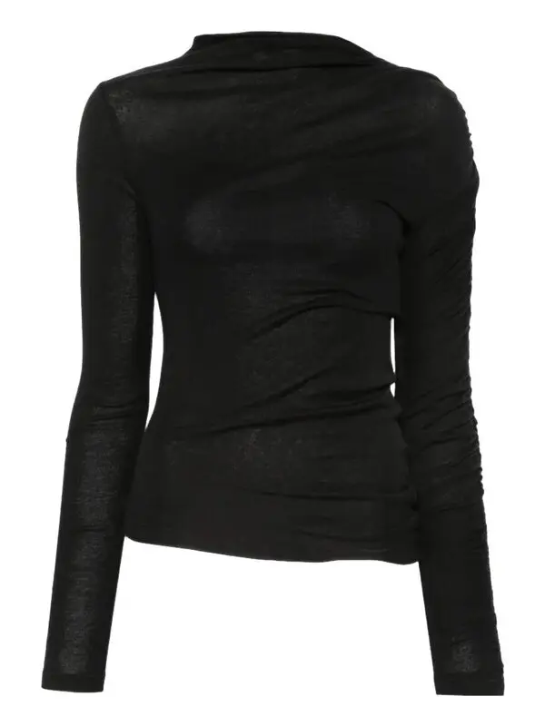 Pinko Ruched Asymmetric High Neck Long Sleeve Top - Black