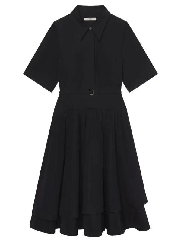 Co Name Short Sleeve Belted Dress In Cotton Poplin - Black