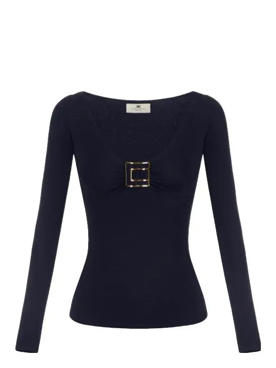 Elisabetta Franchi Jersey Top With Embellished Logo - Midnight Blue