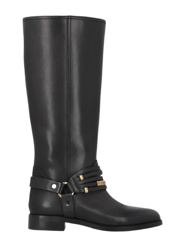 Pinko Knee High Leather Boots With Harness Detail - Black