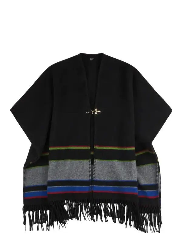FAY Striped Wool Poncho With Tassels - Blue