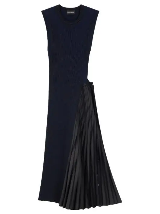 Emporio Armani Long Ribbed Knit Dress With Pleated Insert - Black
