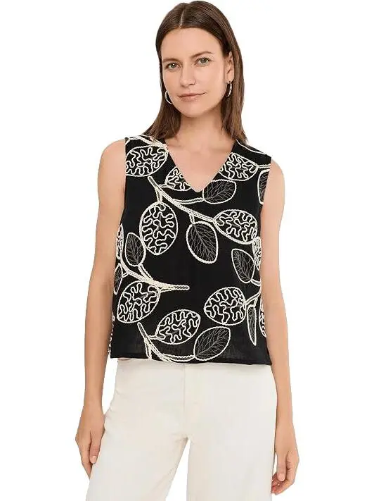 Vince Camuto Sleeveless V-neck Blouse With Leaf Print - Black