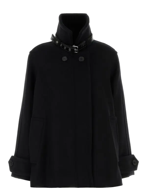 LANVIN Wool Coat With Leather Strap Detail - Black