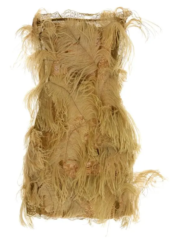 Attico Off-the-shoulder Lace And Mesh Mini Dress With Feather Embellishments - Green
