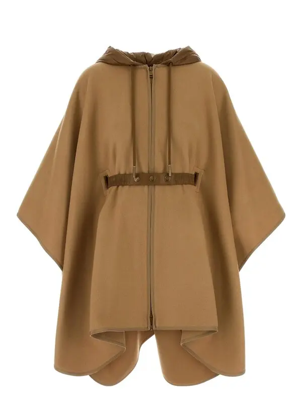 Moncler Virgin Wool Blend Cape With Detachable Hood - Light Brown
