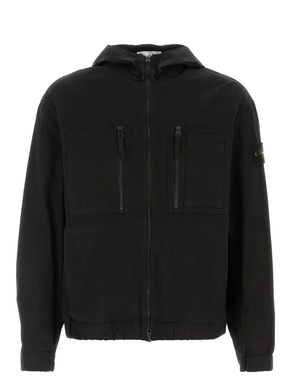Stone Island Cotton Bomber Jacket With Hood - Black