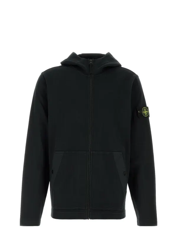 Stone Island Ribbed Cotton Zip-up Hoodie With Detachable Logo Patch - Black