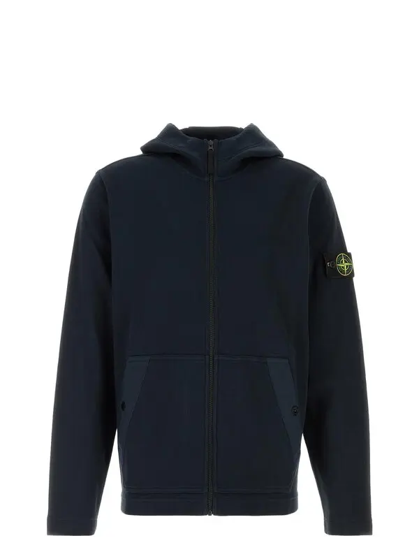 Stone Island Cotton Zip Up Hooded Sweatshirt With Detachable Logo Patch - Blue