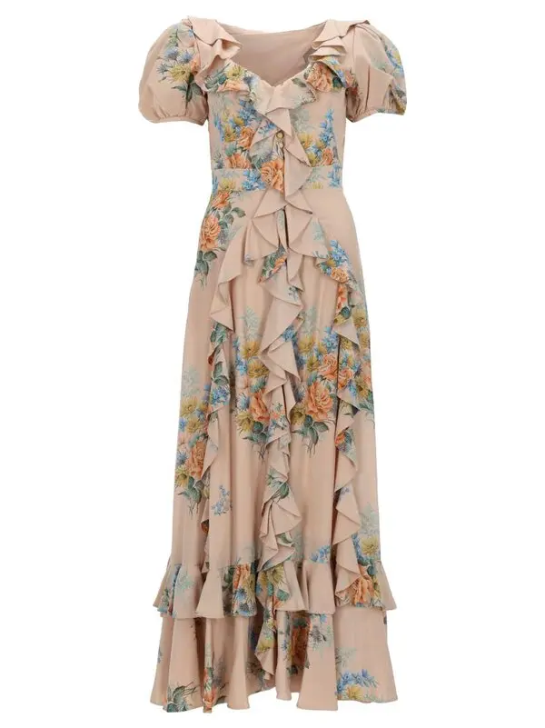 Alexander McQueen Floral Print Ruched Silk Dress - Cream