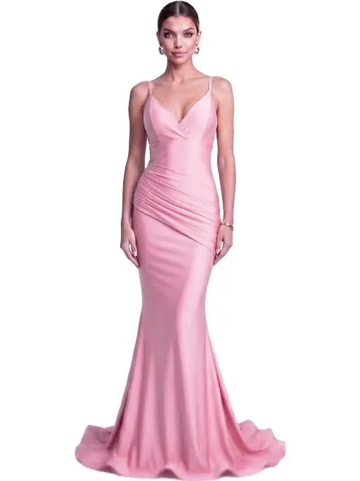 JESSICA ANGEL Ruched Plunge Neck Strappy Back Mermaid Evening Gown - Light Pink