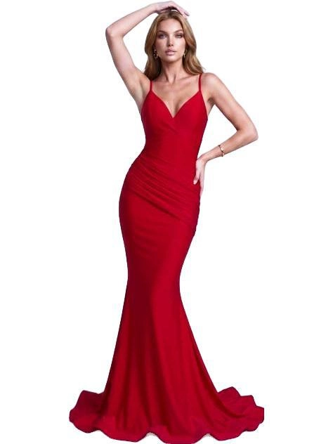JESSICA ANGEL Ruched Plunge Neck Strappy Back Mermaid Evening Gown - Red