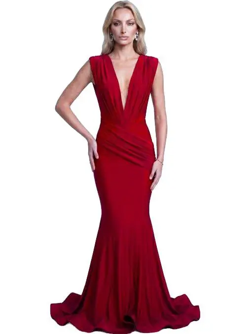 JESSICA ANGEL Ruched Plunge Neck Strappy Back Mermaid Evening Gown - Red