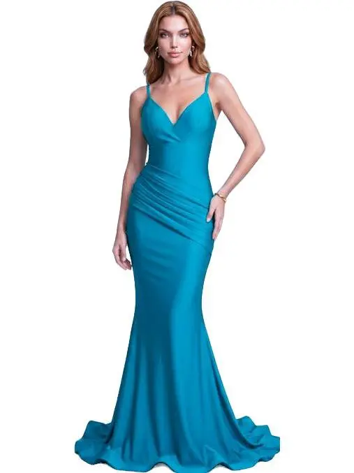 JESSICA ANGEL Ruched Plunge Neck Strappy Back Mermaid Evening Gown - Turquoise