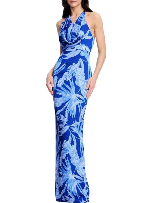 Dress The Population Solana Tropical Print Halter Gown - Navy Multi