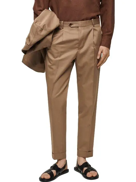 Mango Slim Fit Virgin Wool And Cotton Trousers - Brown