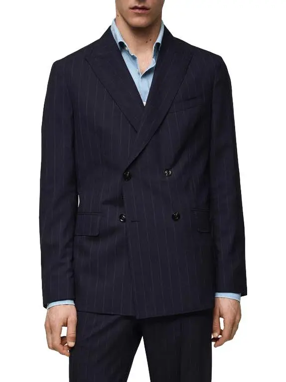 Mango Double Breasted Pinstripe Virgin Wool Blazer - Dark Navy