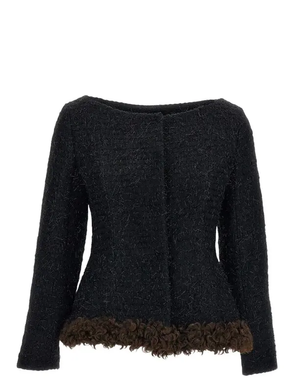 Simone Rocha Long Sleeve Jacket With Pleating And Fur Trim - Black