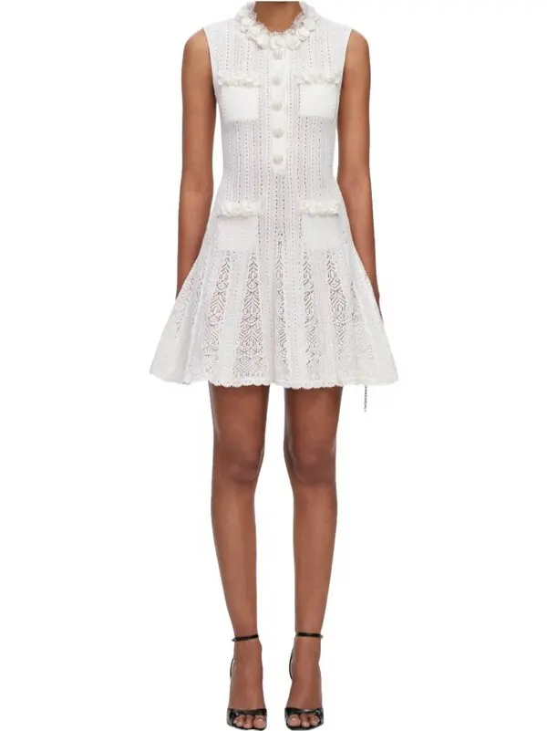 SELF-PORTRAIT Flower Trim Knit Mini Dress - White