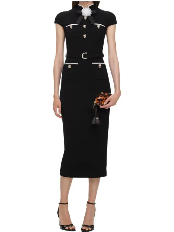 SELF-PORTRAIT Wool Crepe Midi Dress With Belt - Black