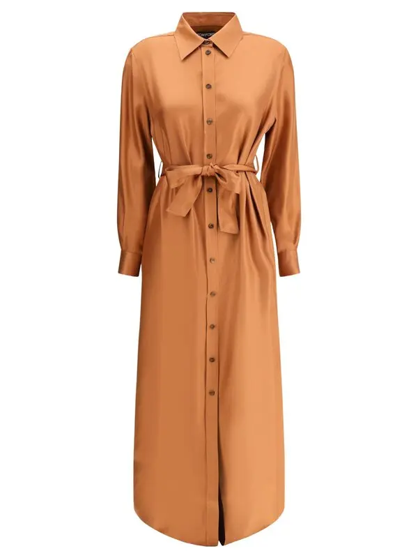 TOM FORD Classic Collar Shirt Dress With Belt - Camel