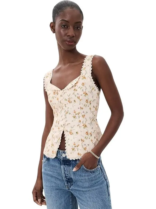 REFORMATION Viola Linen Top With Floral Print And Lace Trim - Julius