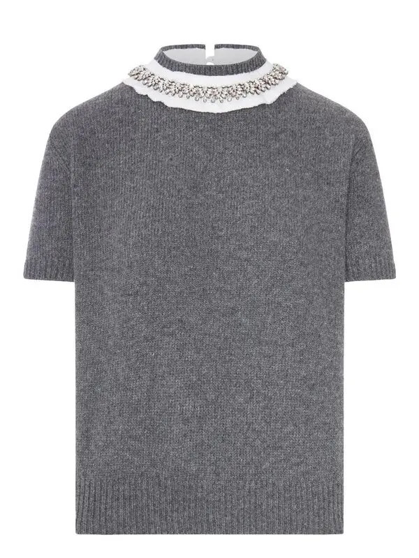 Prada Cashmere Sweater With Jewel Neckline And Back Tie - Gray