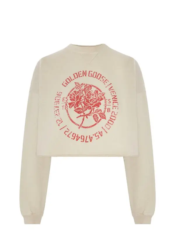 GOLDEN GOOSE Cotton Cropped Sweatshirt With Front Print - Cream