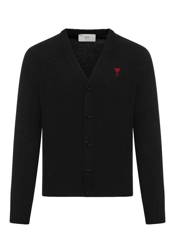 AMI Paris V-neck Embroidered Logo Knit Cardigan - Black