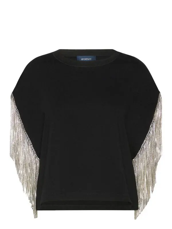 Sportmax Boxy Cotton T-shirt With Rhinestone Fringe - Black