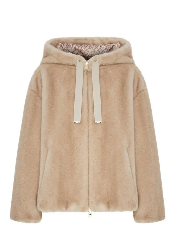 Herno Faux Fur Hooded Jacket With Drawstring - Cream
