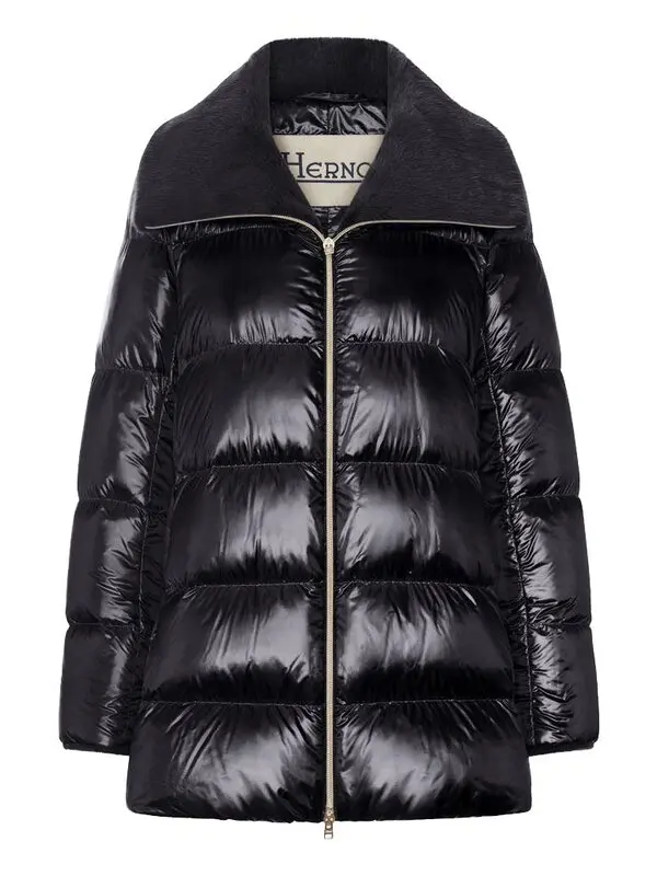 Herno Long Puffer Coat With Faux Fur Collar - Black