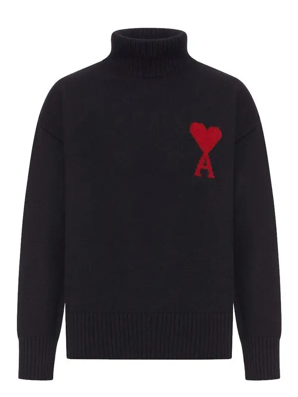 AMI Paris Wool High Neck Sweater With De Coeur Logo - Black
