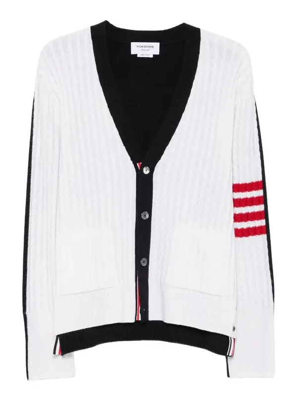 Thom Browne Cable Knit V-neck Cardigan With Signature 4-bar Stripe - White