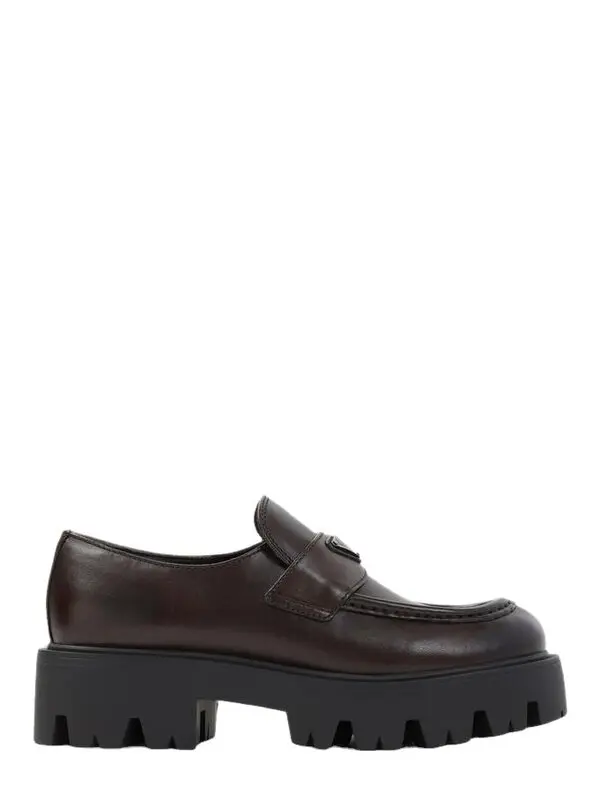 Prada Leather Loafers With Logo Plaque - Brown