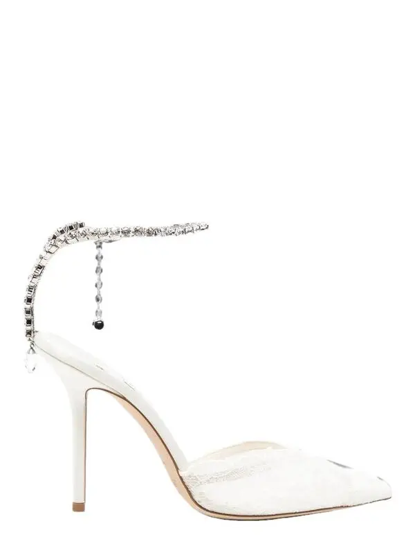 JIMMY CHOO Embellished Lace Pointed Toe Stiletto Heel Shoes - White