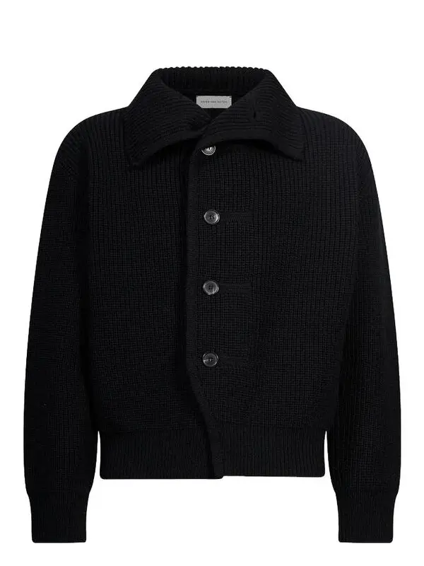 Dries Van Noten Ribbed Knit Cardigan With Spread Collar - Black